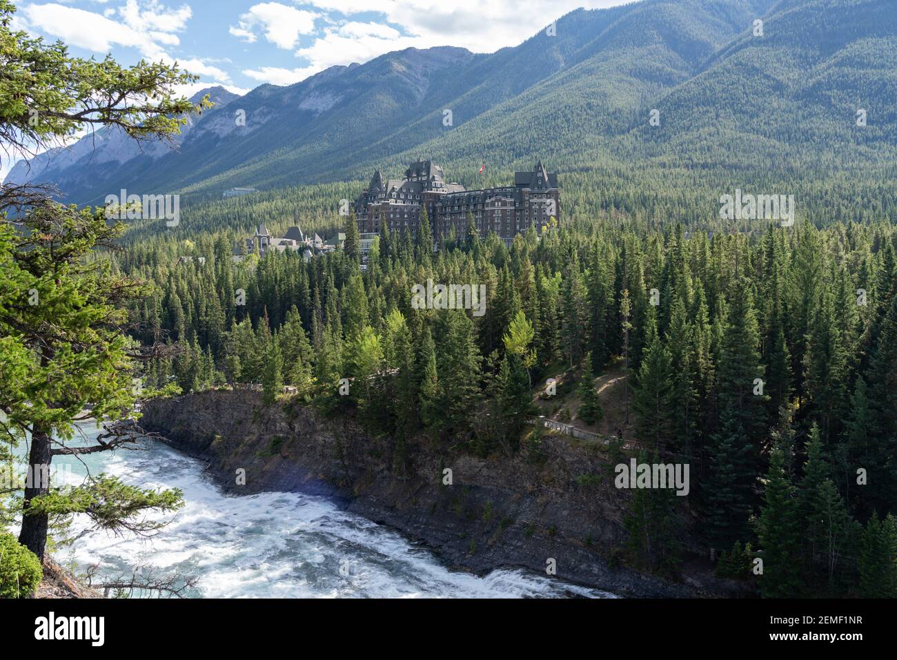 Fairmont Banff Springs in summer sunny day. View from Surprise Corner ...