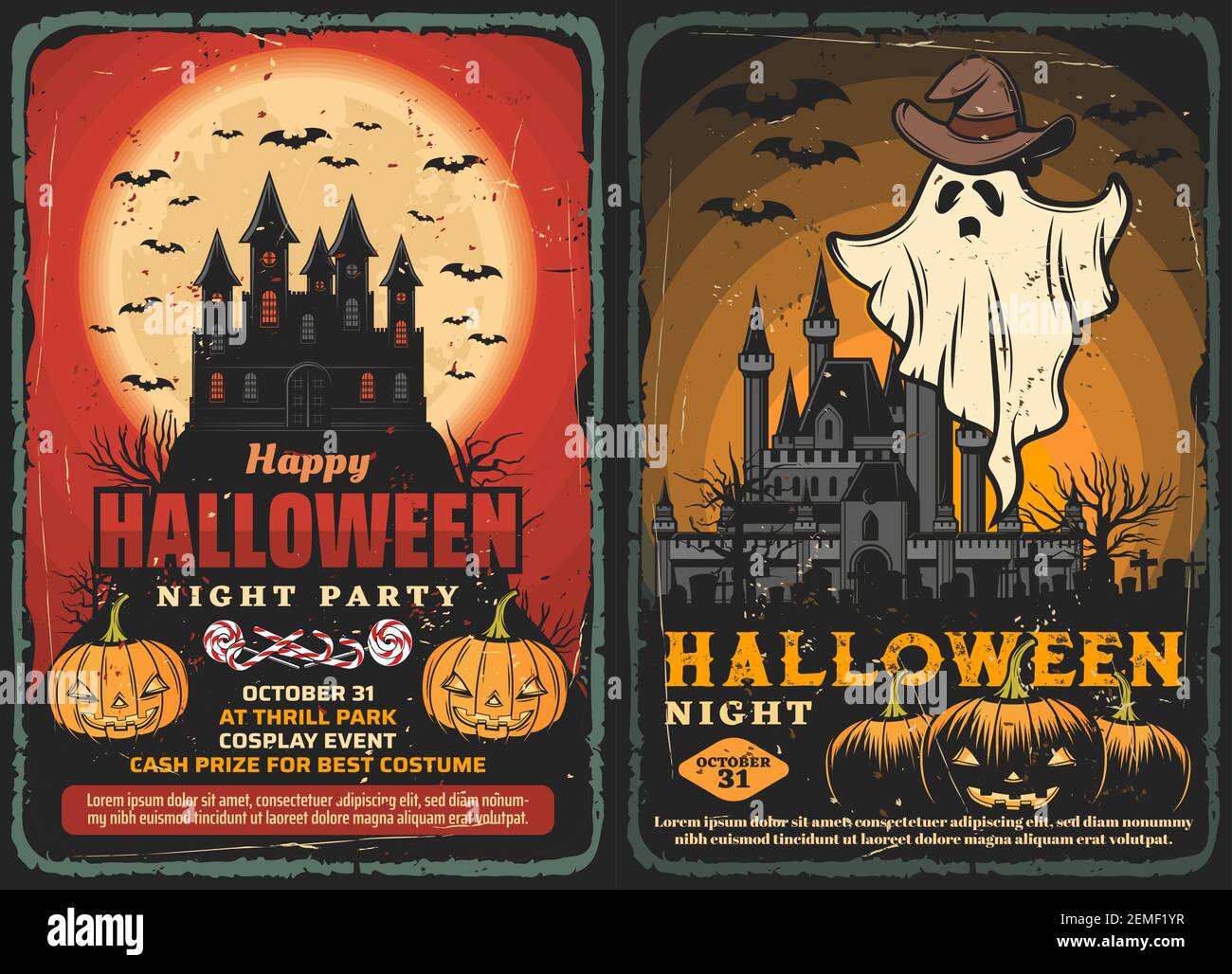 Halloween haunted houses vector design with horror night ghost and bats ...