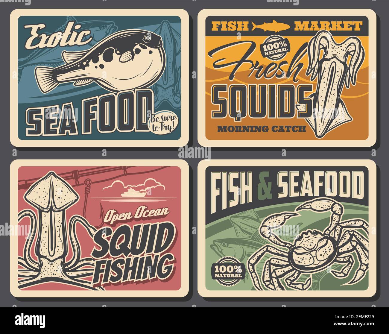 Puffer fish, squid and crab fishing, exotic seafood restaurant or fish ...