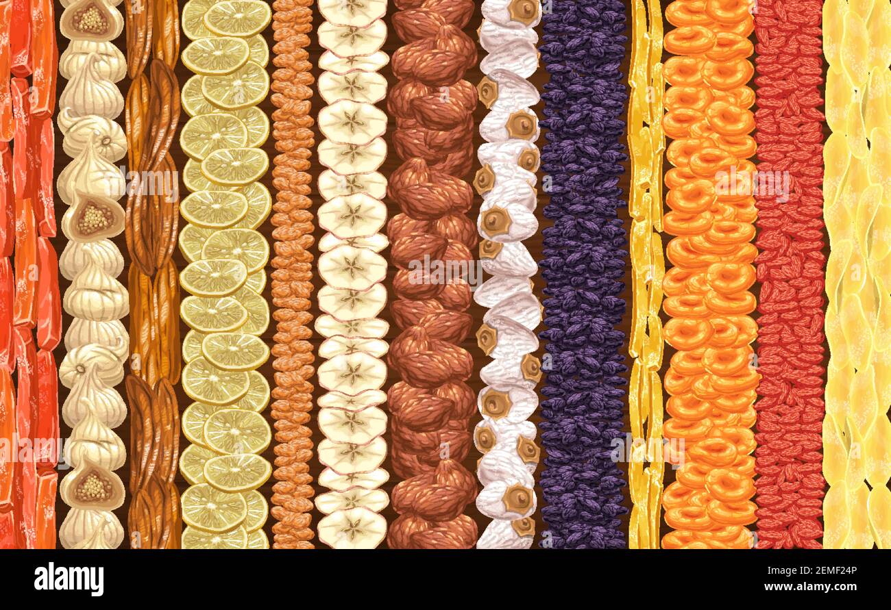 Dried tropical fruits shop assortment lines. Dry papaya, fig and banana ...