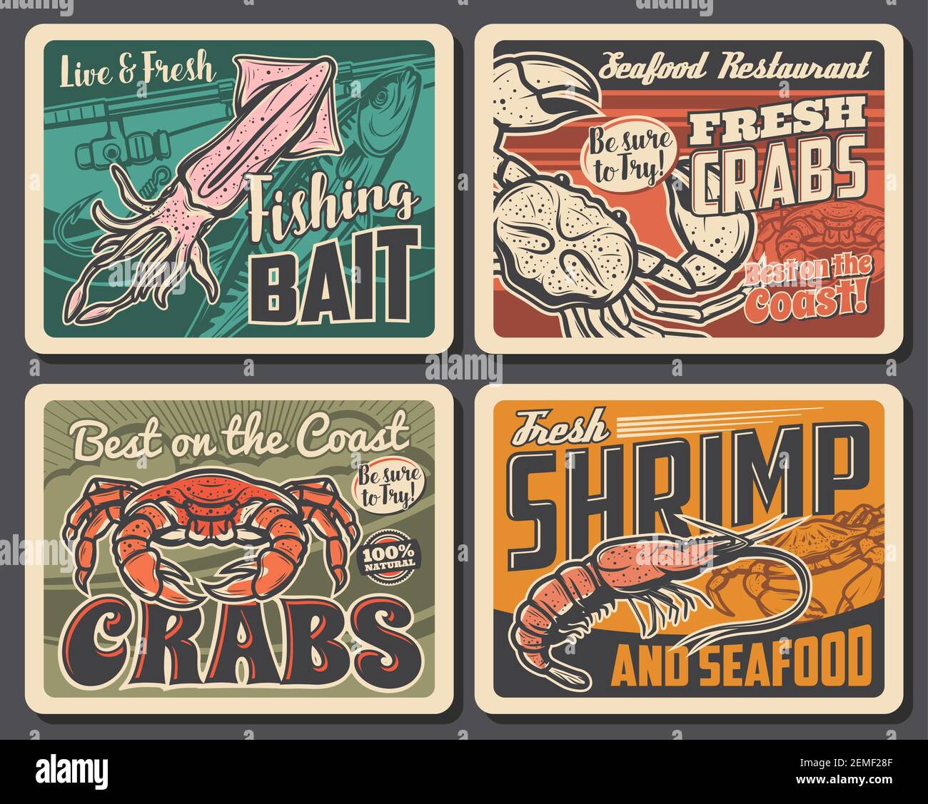 Shrimp, crab and squid vector retro posters, seafood restaurant ...