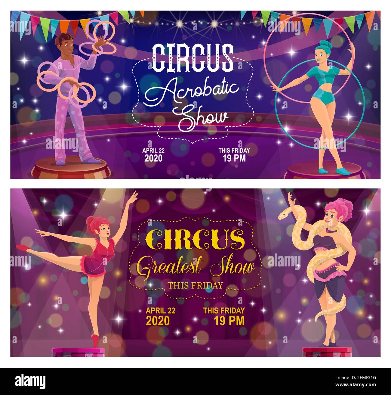 Top tent circus acrobatic show vector flyers. Magic performance with ...