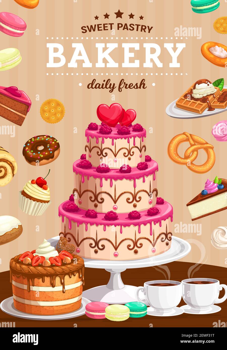 Bakery and patisserie. Holiday pie and cakes cartoon vector poster ...