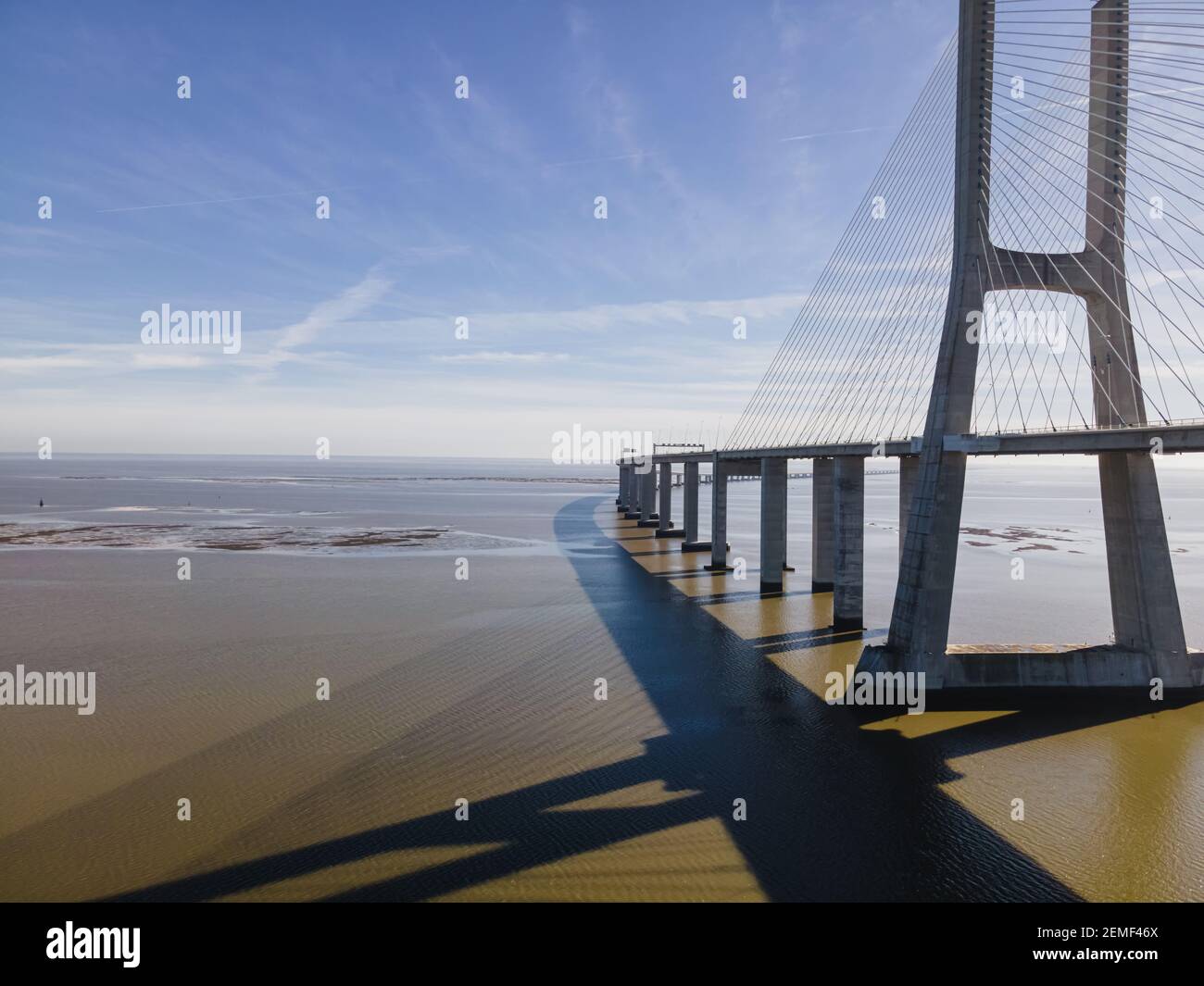 Aerial view of Vasco da Gama bridge crossing the Tagus River, one of ...