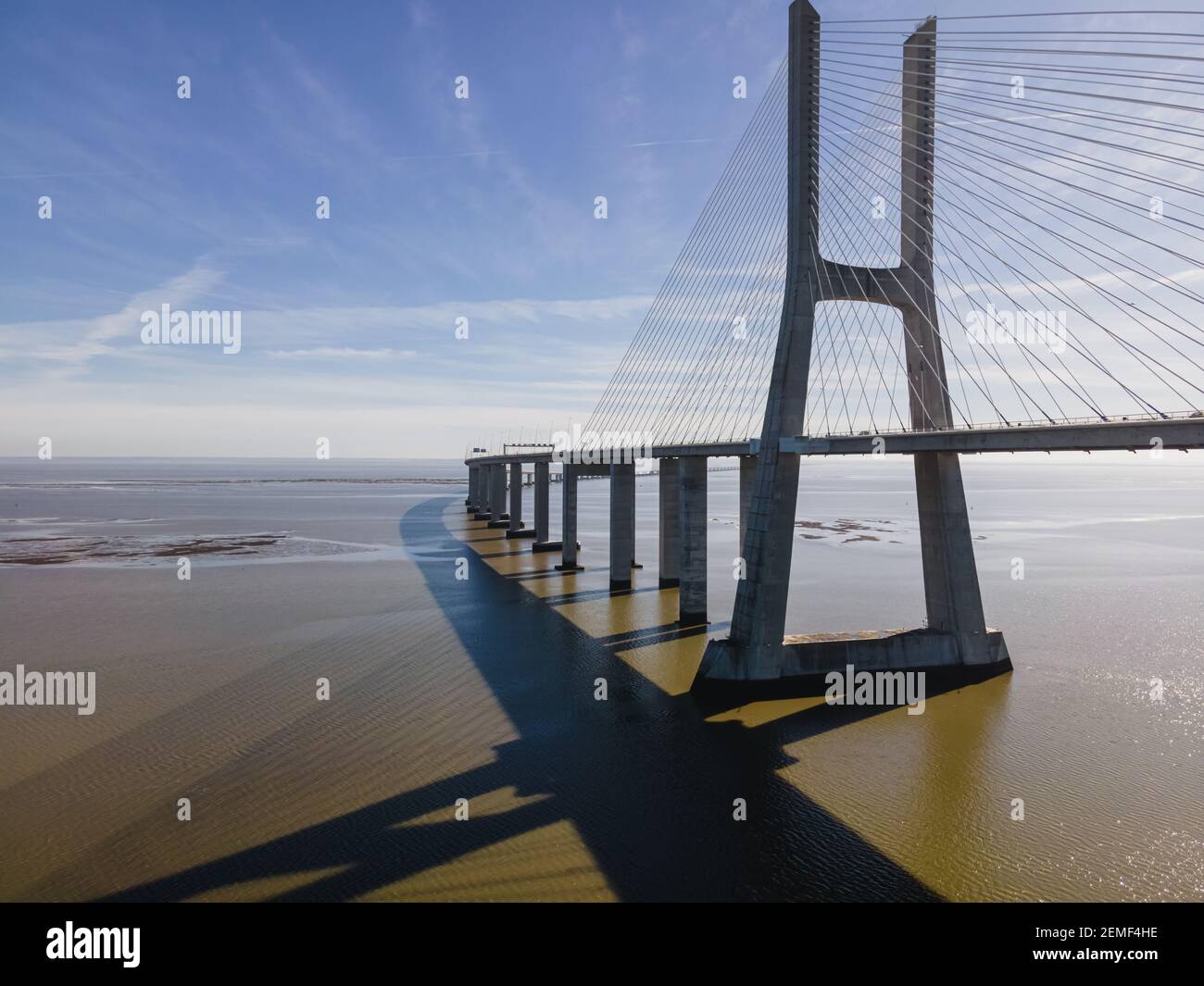 Aerial view of Vasco da Gama bridge crossing the Tagus River, one of ...