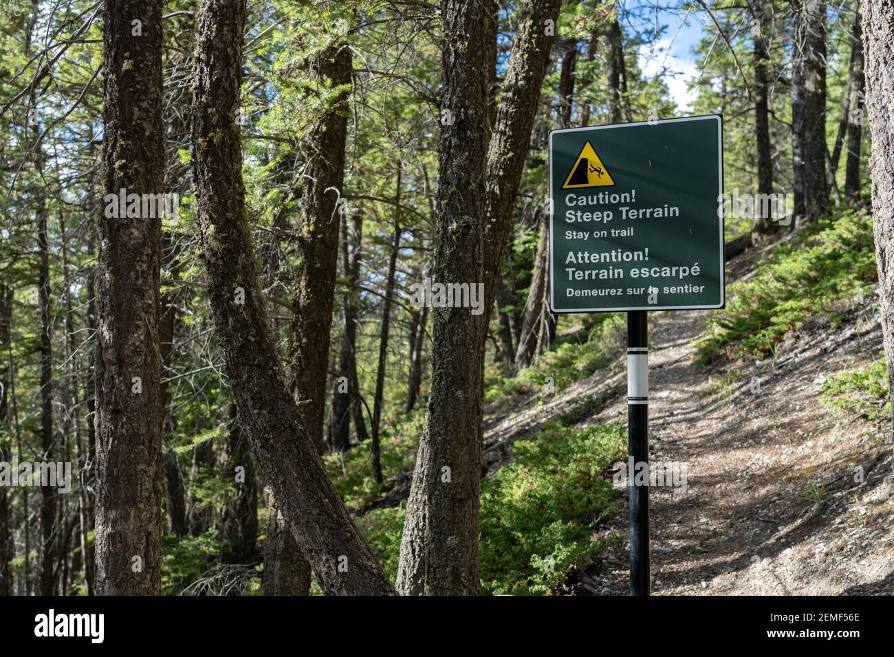 Stay on trail sign signpost at Tunnel Mountain Trail. Banff National ...