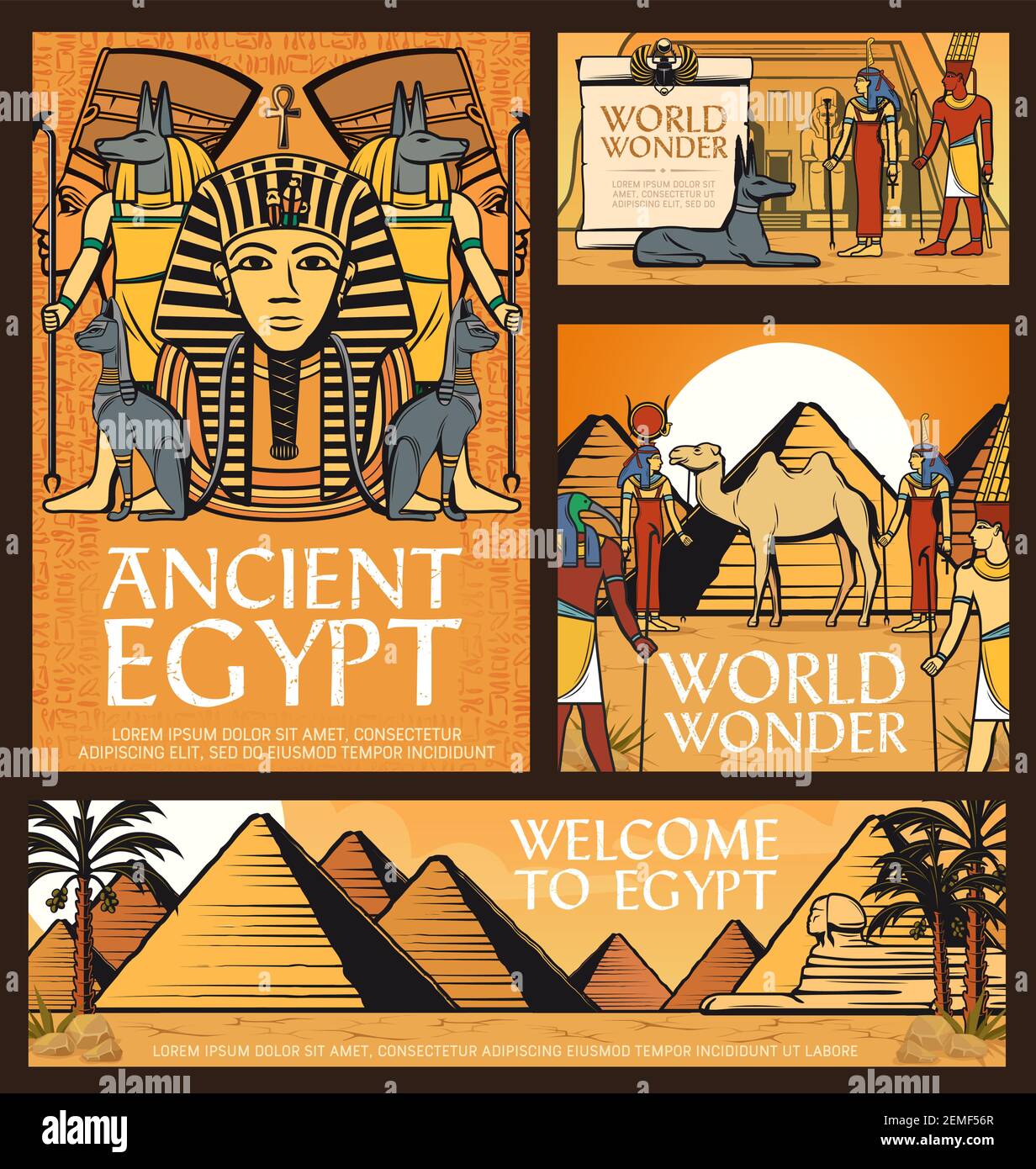 Ancient Egypt posters, vector Great pyramids of Giza, Sphinx and Egyptian deities gods Anubis ...