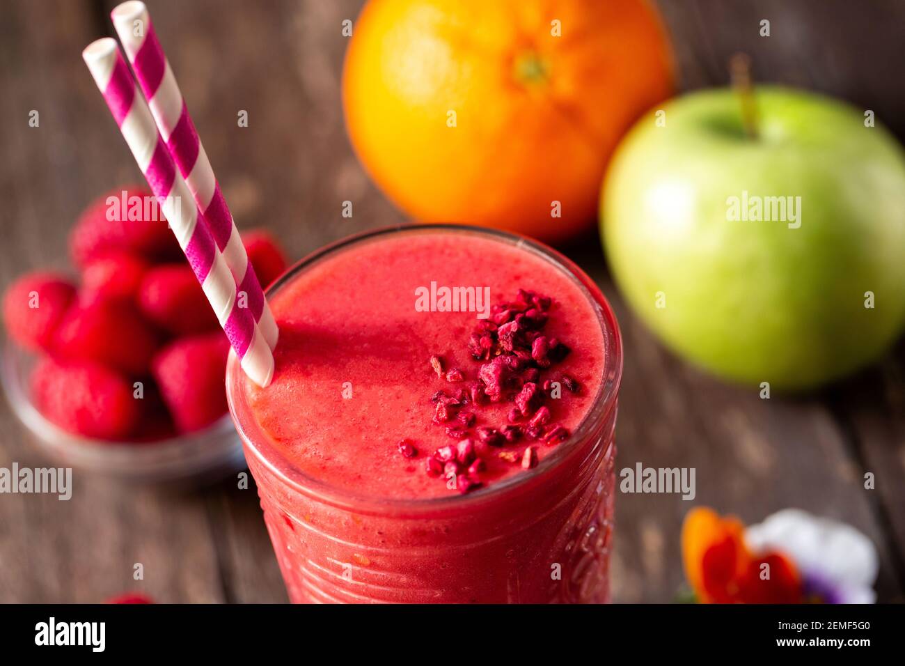 Close up of tasty smoothie refreshment made of healthy fruits mixed ...