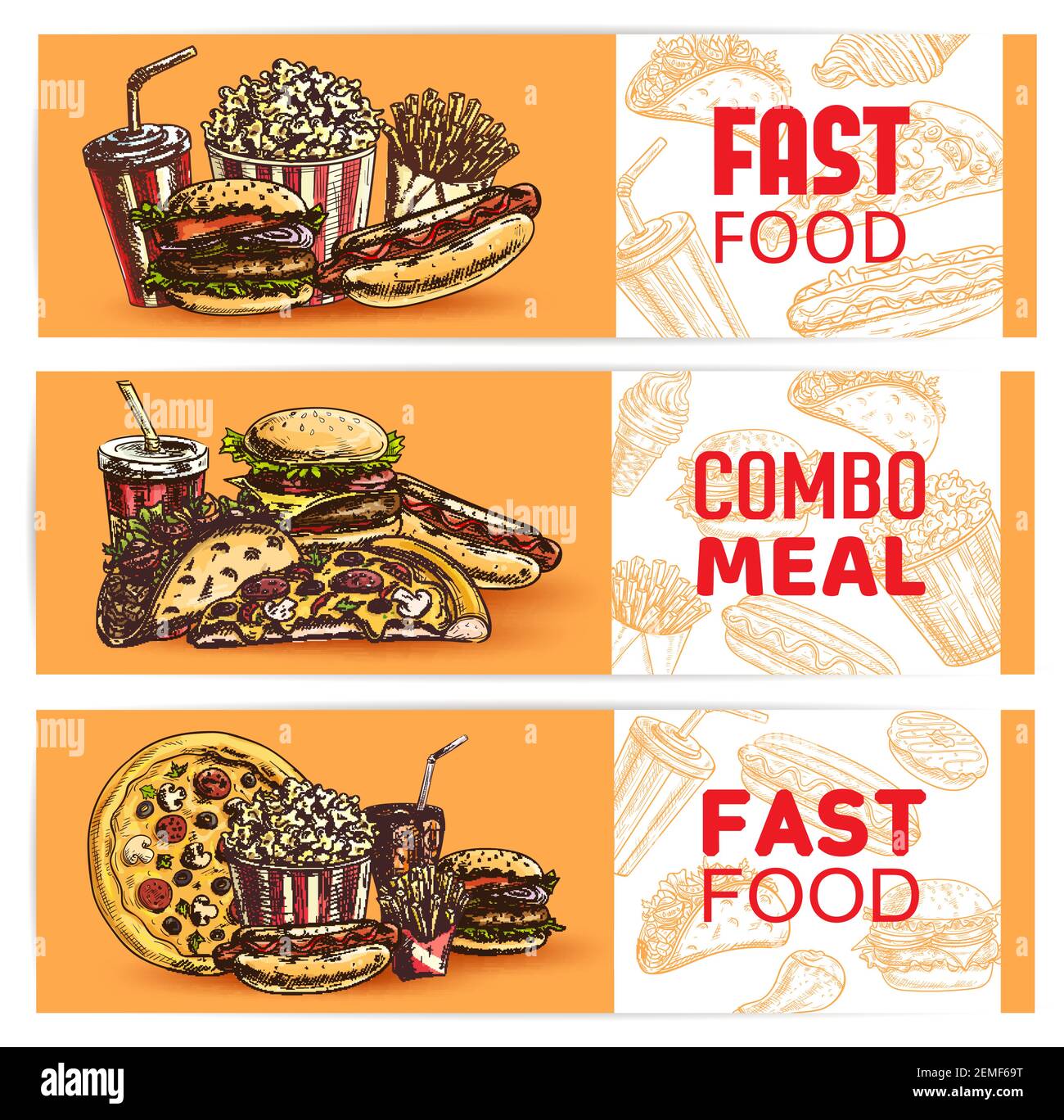 Fast food banners sketch burgers sandwiches, pizza, hot dogs and fries ...