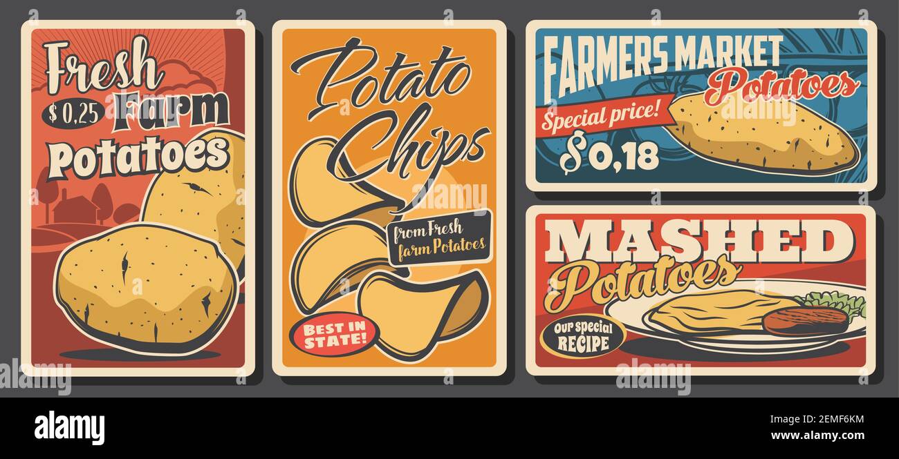 Potato meals and food retro posters. Vector raw, mashed and potato ...