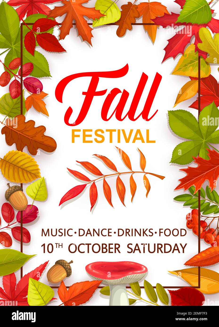 Fall festival flyer with bright tree leaves and mushrooms, vector ...