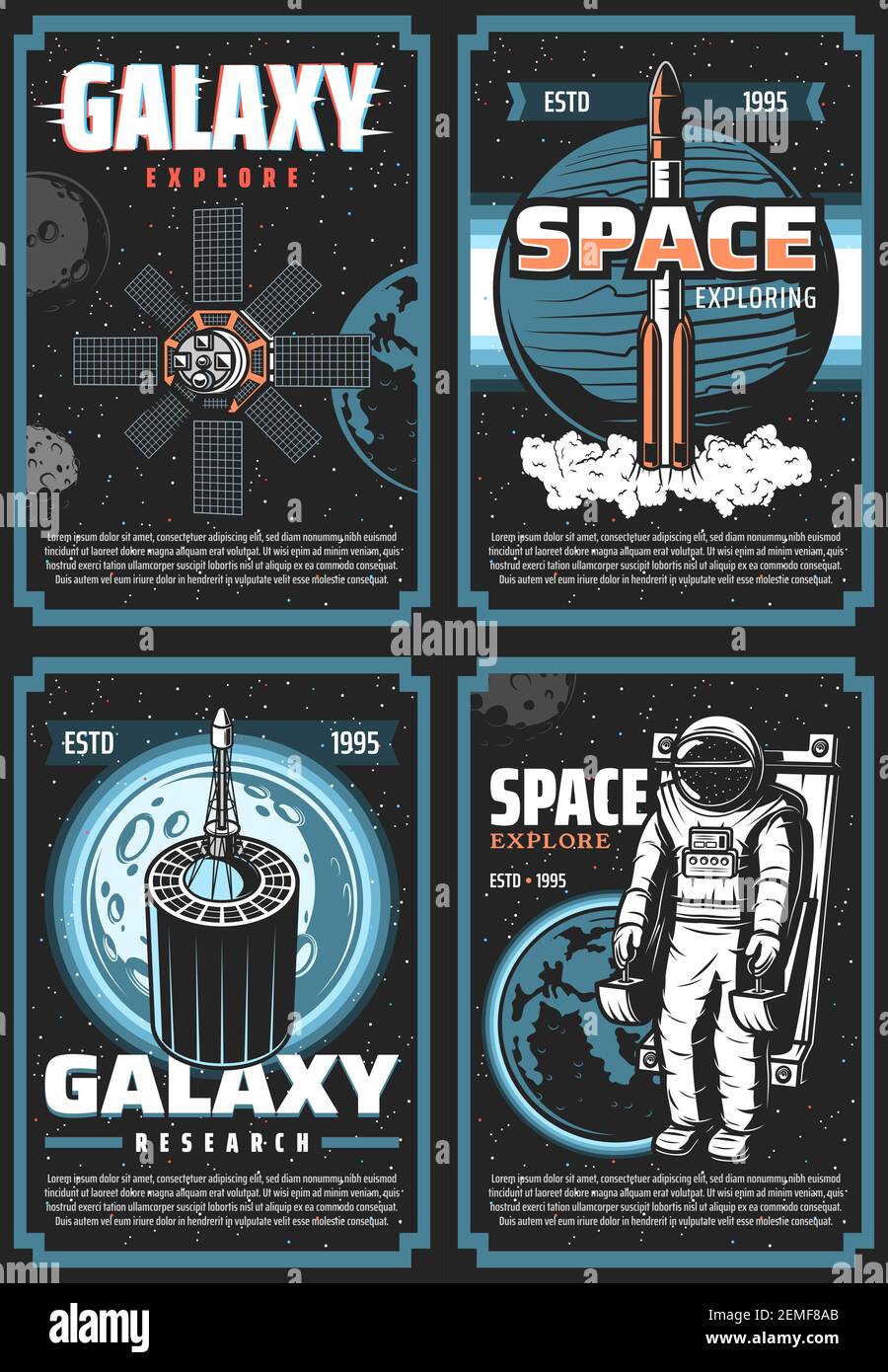 Space exploring retro vector posters. Galaxy expedition adventure ...