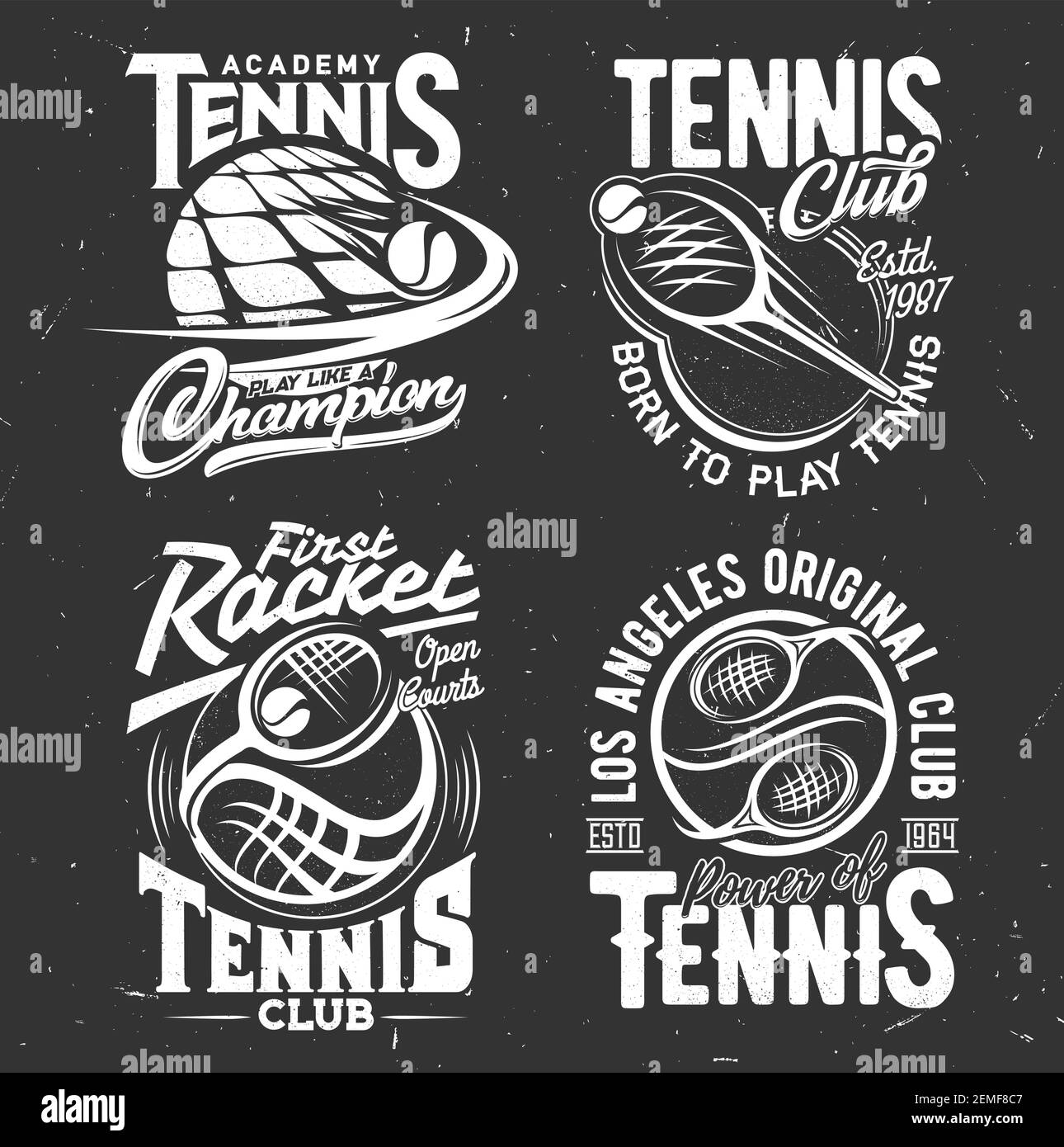 Tennis sport vector tshirt prints. Playing rackets and balls on black ...