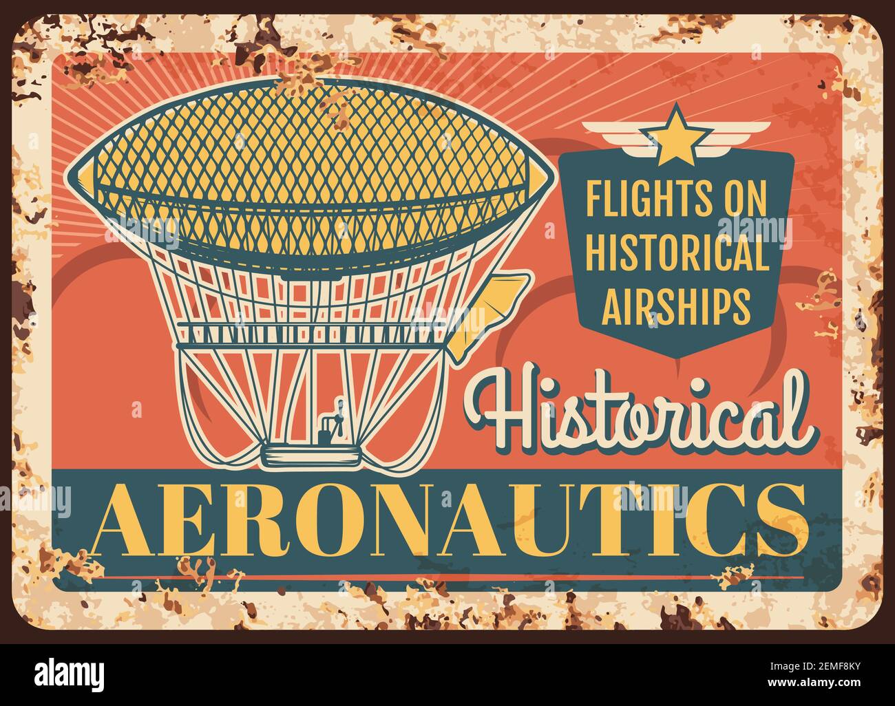 Dirigible rusty metal plate, vector historical airships flights rust ...