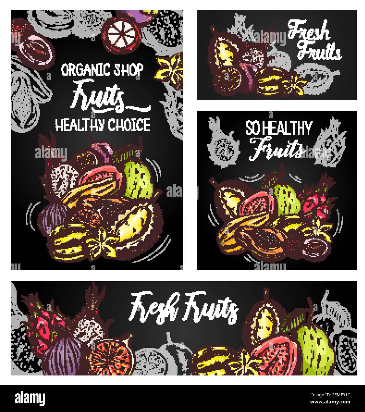 Exotic fruits vector posters with sketch mangosteen, papaya and figs ...