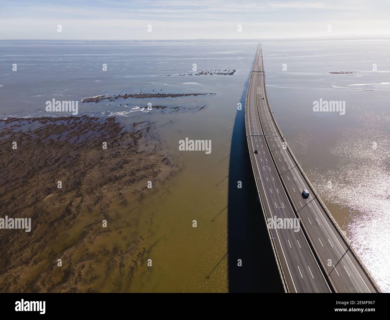 Aerial view of beautiful Vasco da Gama bridge's suspended highway road ...