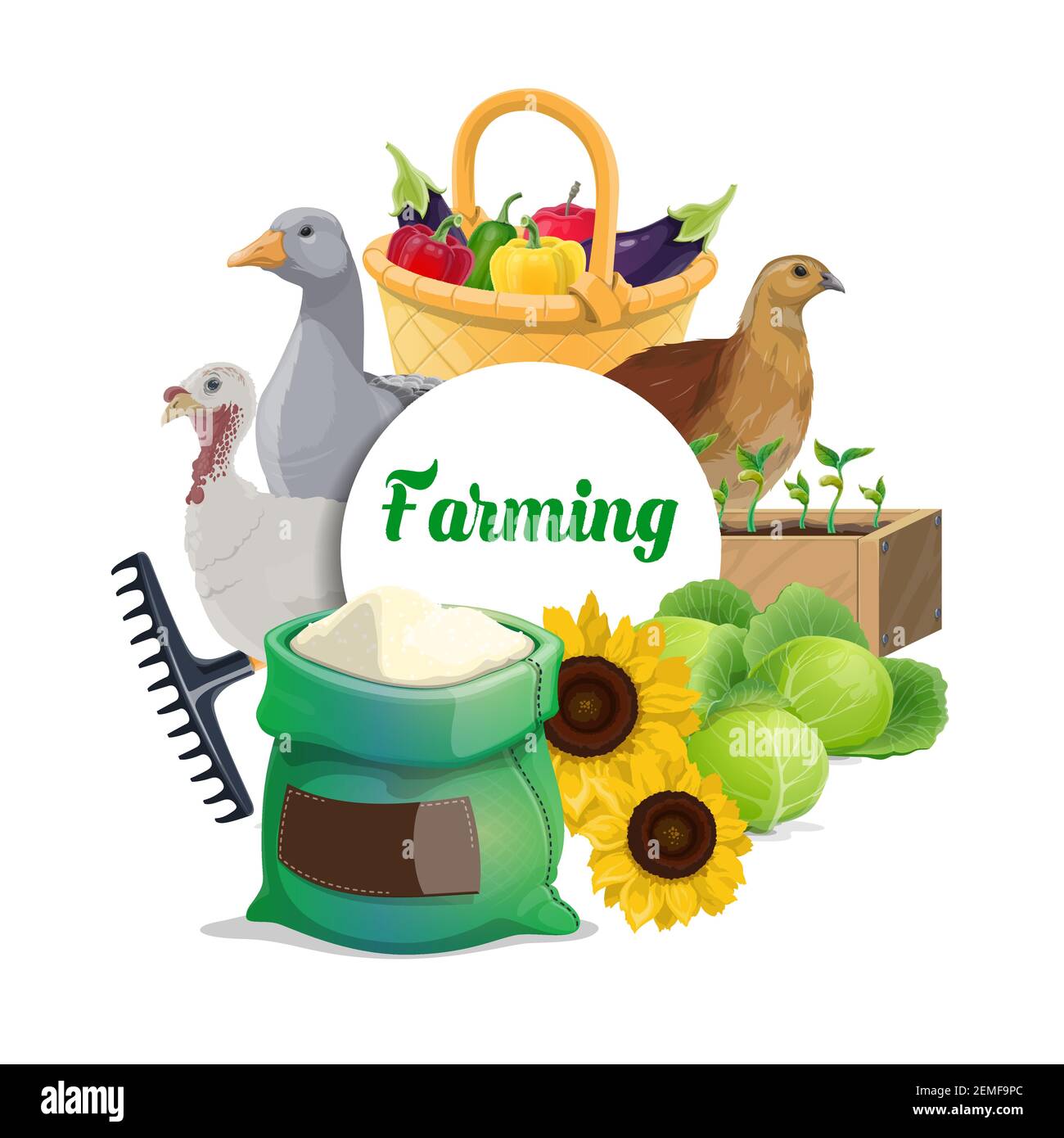 Farming food products round banner. Vegetables in wicker basket and ...