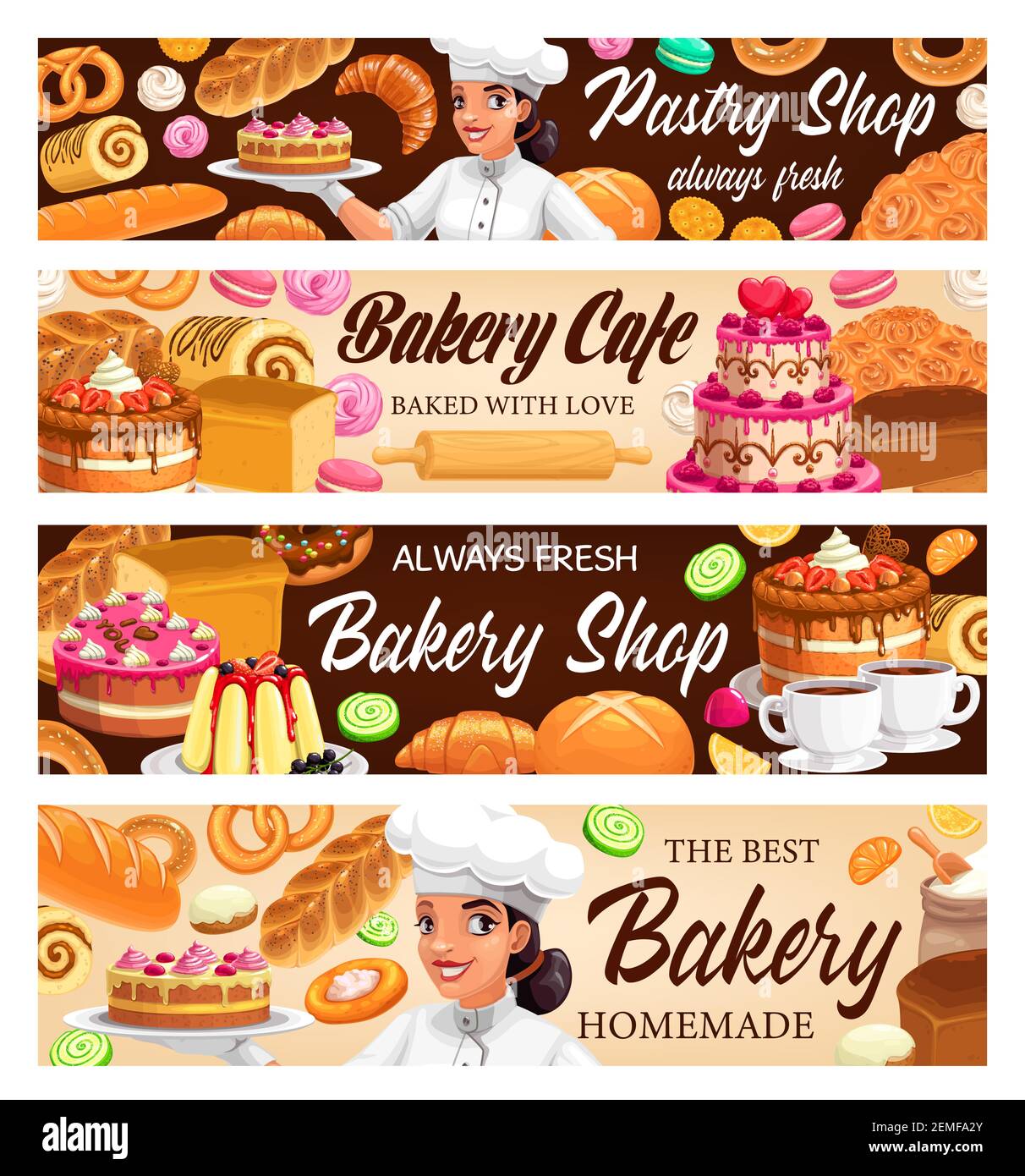 Desserts, cakes and bakery vector banners. Bake bagels and buns, fresh ...