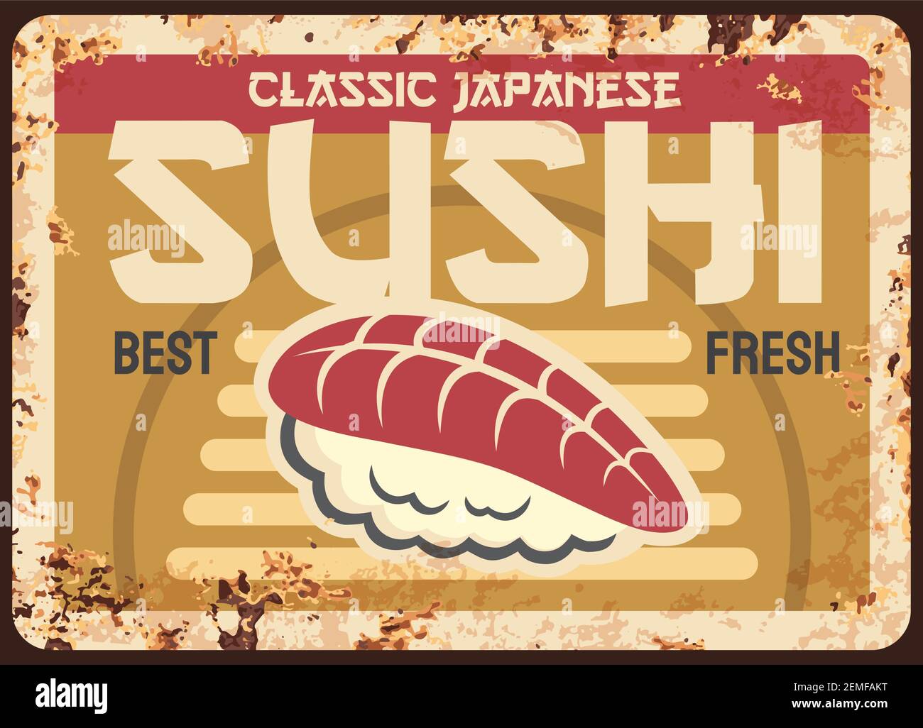 Nigiri sushi meal rusty metal plate, vector vintage rust tin sign tuna ...
