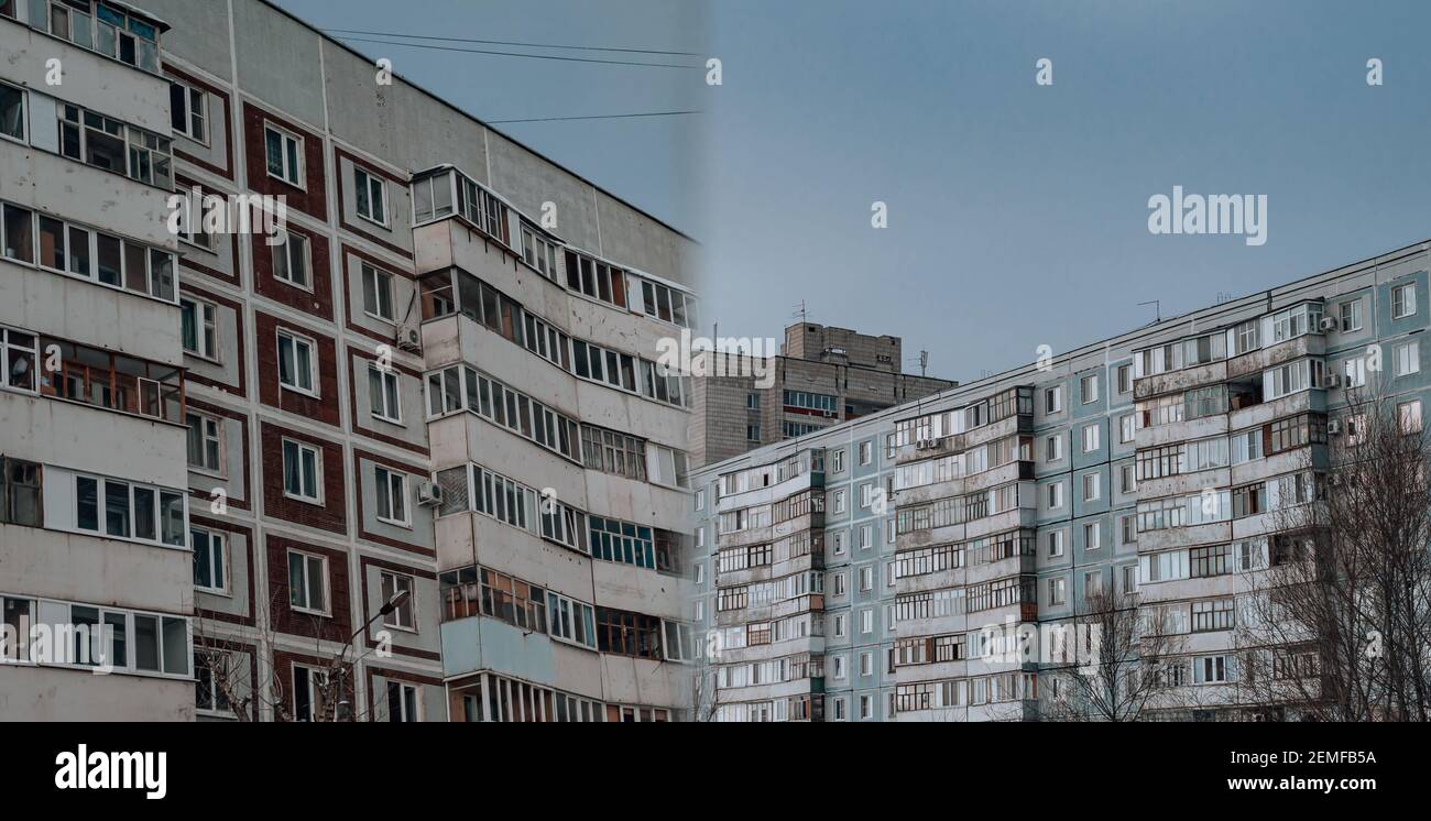 a soviet era building. Old apartment building. Front view close up ...