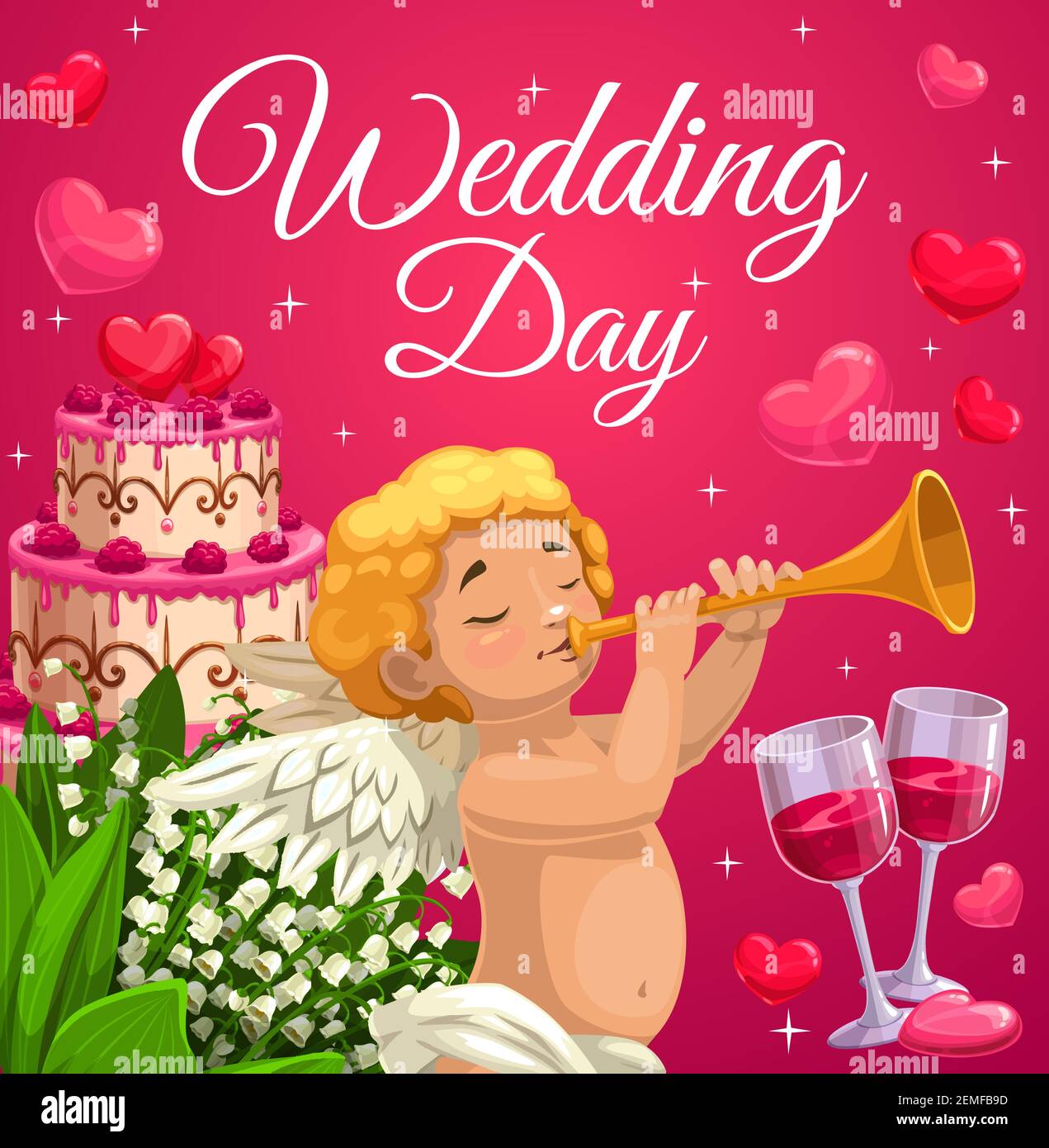 Wedding day celebration and marriage ceremony. Cherub or angel blowing ...