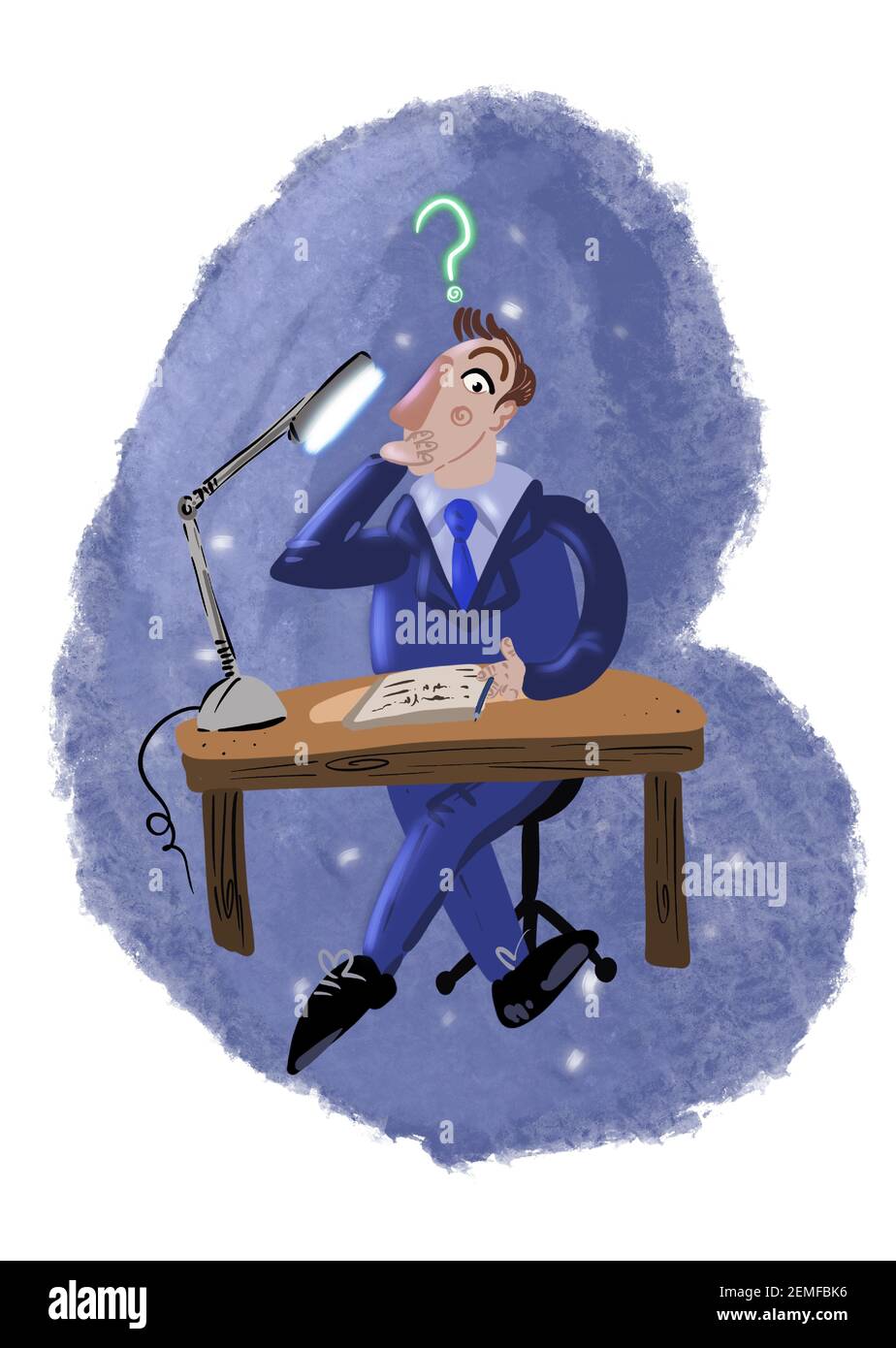 business man questioning sitting at desk Stock Photo - Alamy