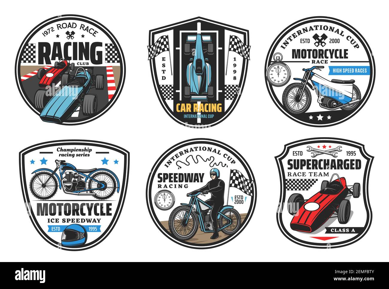 Racing sport icons, motocross and cars races club badges, championship ...