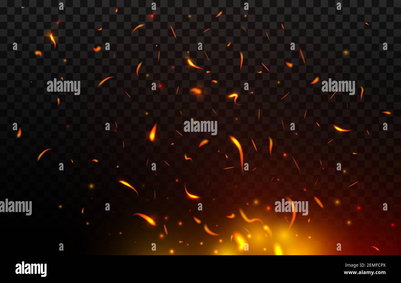 Bonfire sparks flying up, vector fire, burning glowing red and orange ...