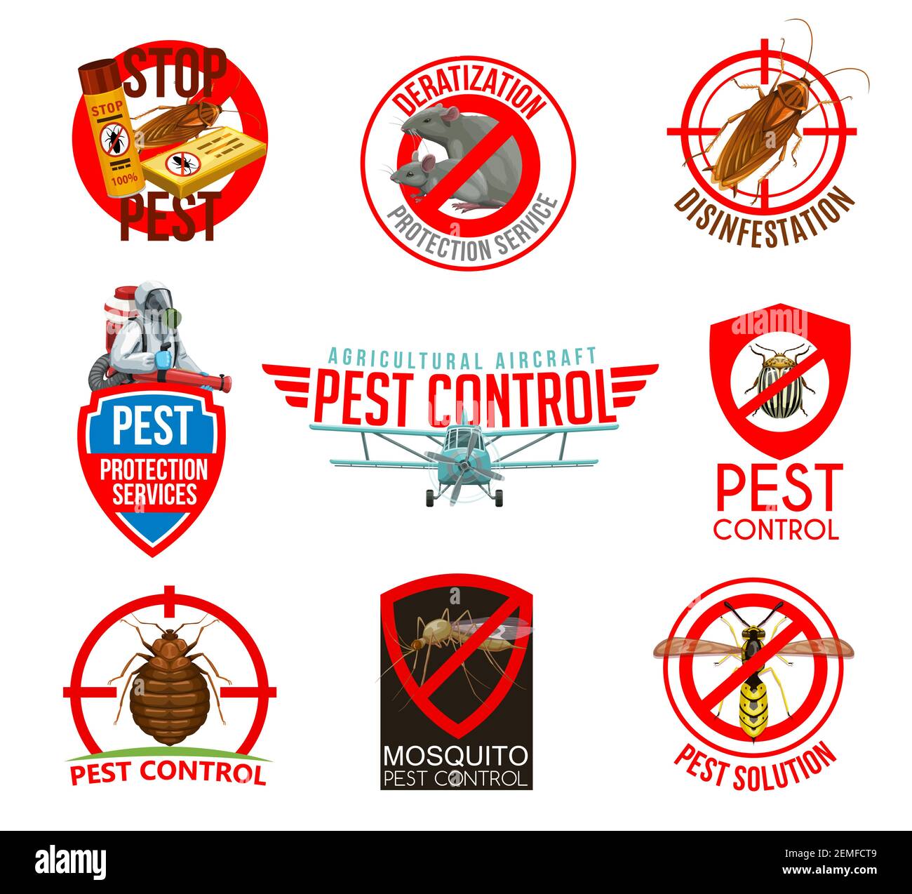 Pest control isolated icons. Vector cockroach, rat and colorado beetle ...