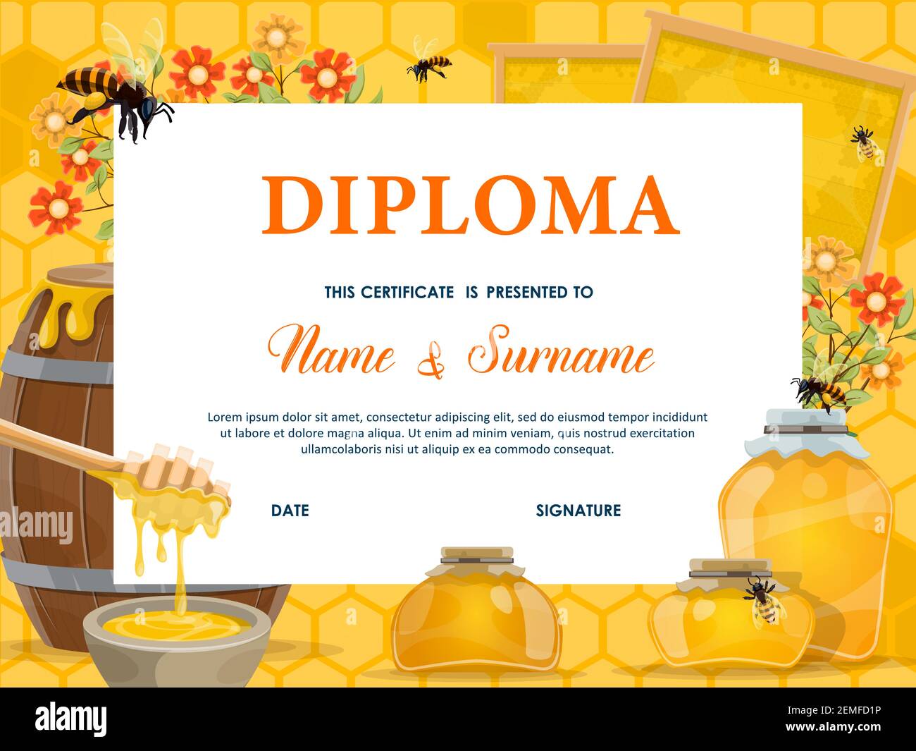School diploma, certificate vector template with honey, bees and ...
