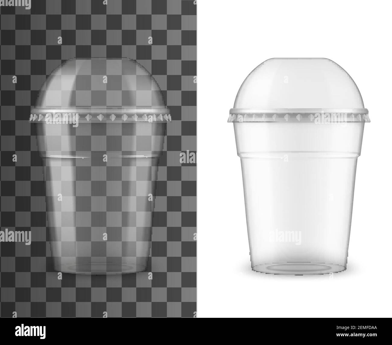 Plastic cup with sphere dome cap for drinks. Vector transparent shaker ...
