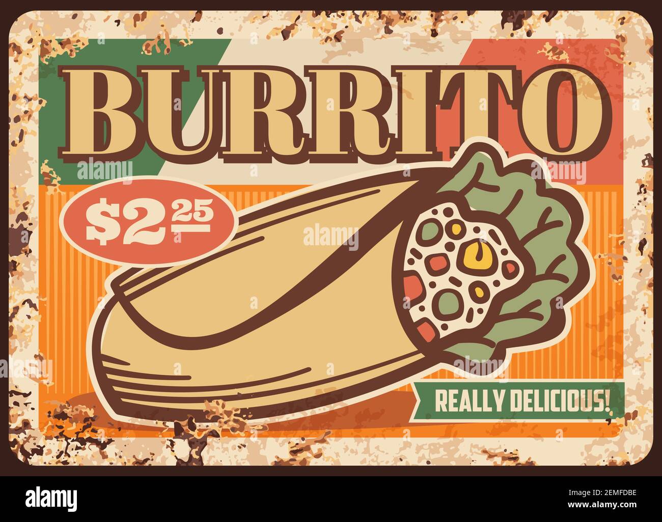 Mexican burrito rusty metal sign board of vector fast food tortilla ...