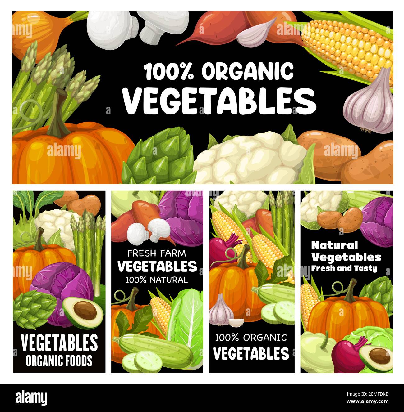 Vegetables vector banners, raw veggies potato, avocado and pumpkin with ...