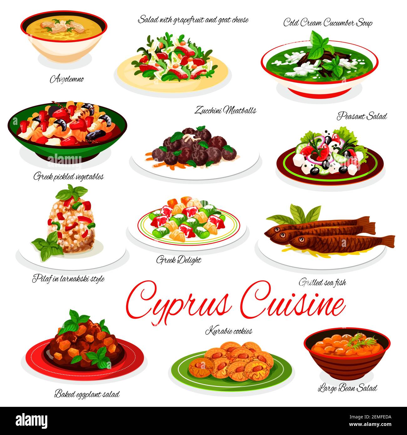 Cyprus cuisine vector menu avgolemno, zucchini meatballs, salad with ...