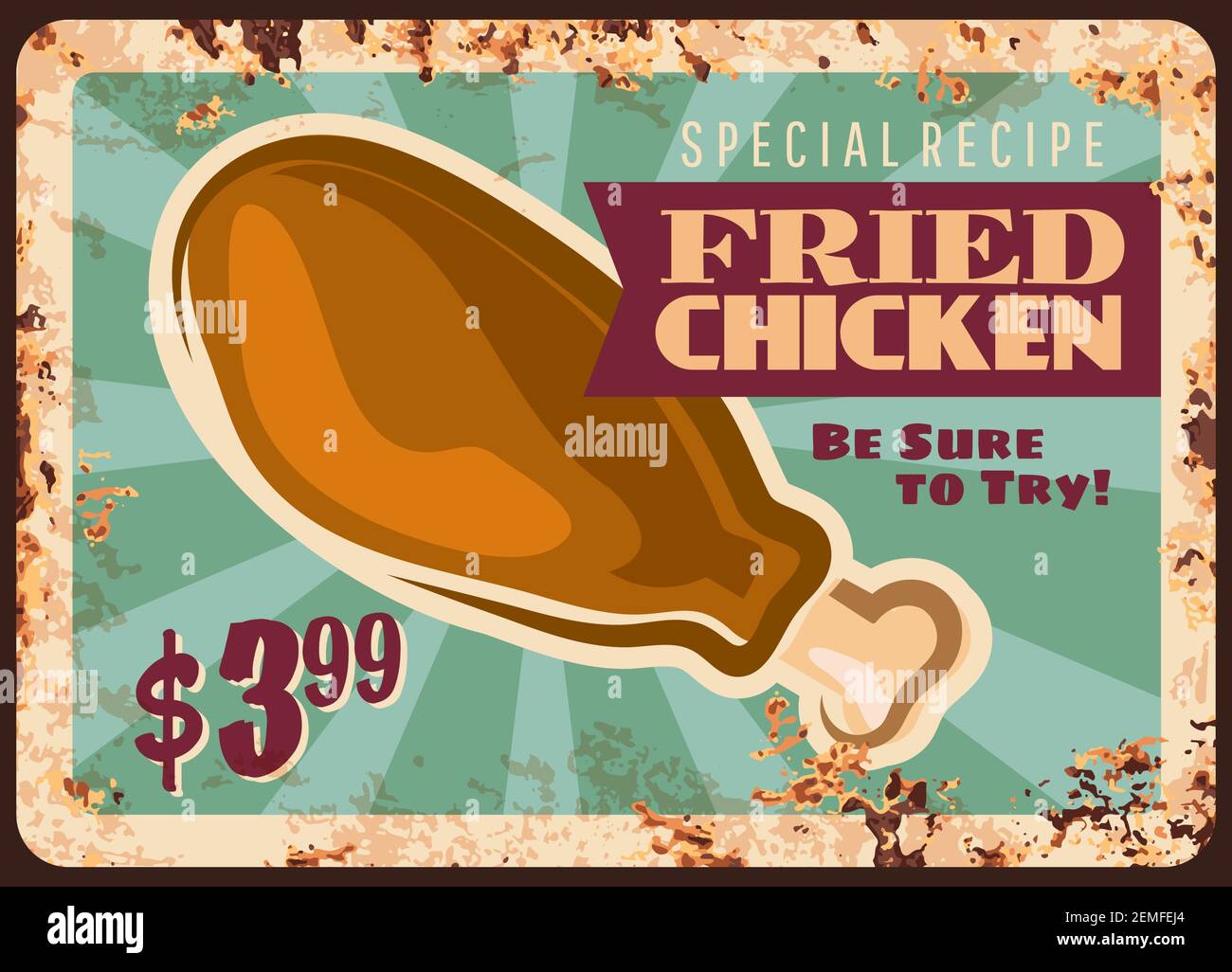 Fried chicken rusty metal plate, vector takeaway crispy drumstick, hen ...