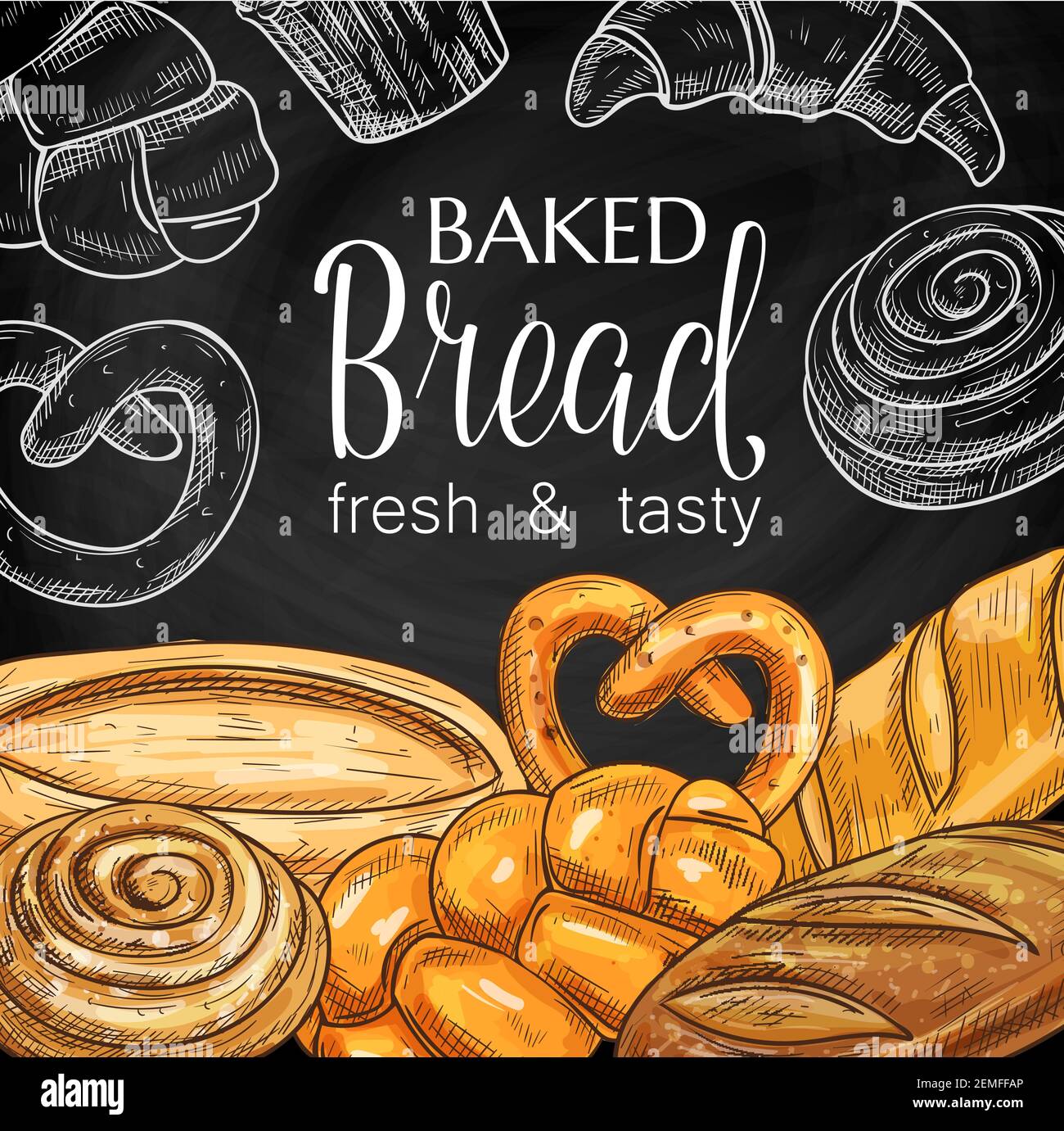 Baked bread and pastry chalkboard sketch vector. Vienna wheat and ...