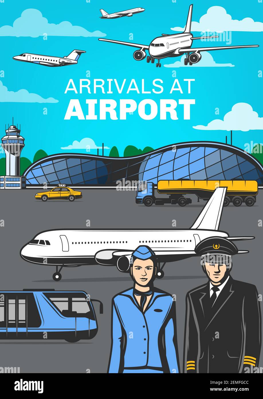 Aviation, airport with airplanes and aircrew vector poster. Pilot and ...