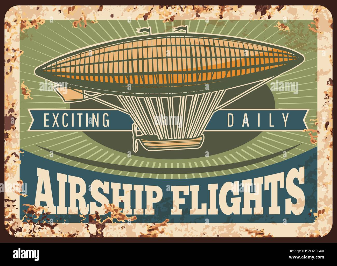 Zeppelin rusty metal plate, vector vintage airship rust tin sign ...
