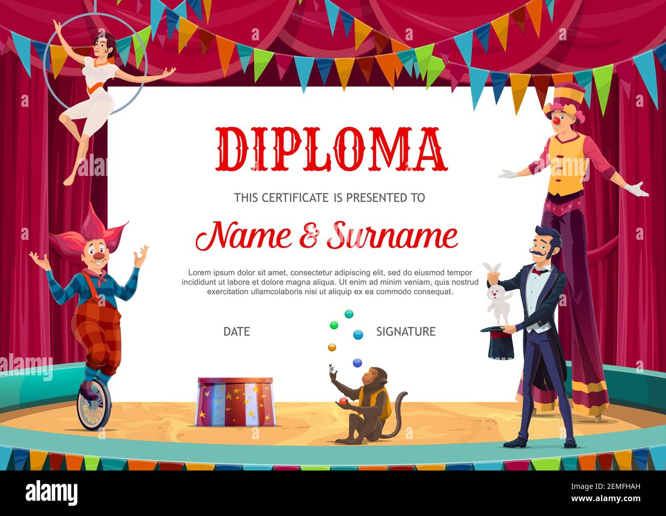 Education diploma, vector kids certificate with circus artists for ...