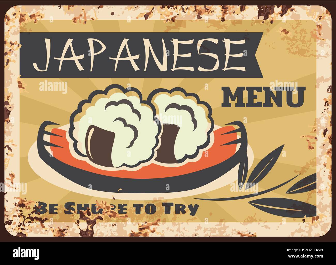 Sushi seafood rusty metal plate, Japanese food vector vintage rust tin ...
