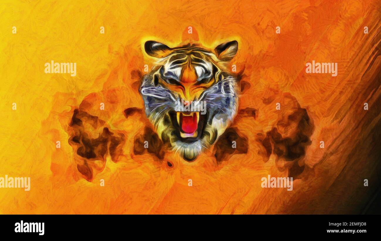 The head of a tiger against the background of a smoke cloud. Artistic ...