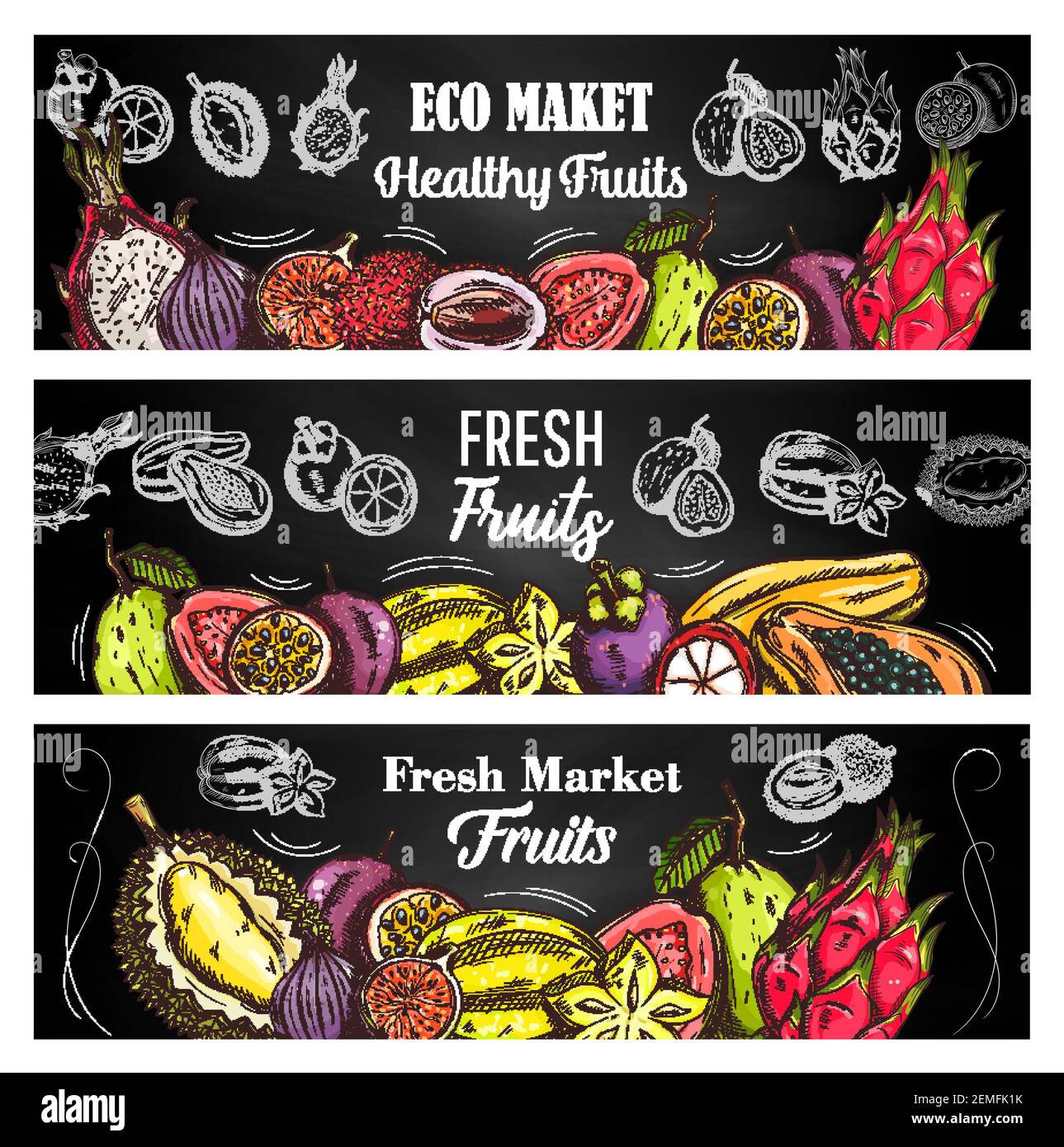 Exotic fruits sketch vector banners with guava, lychee and passion ...