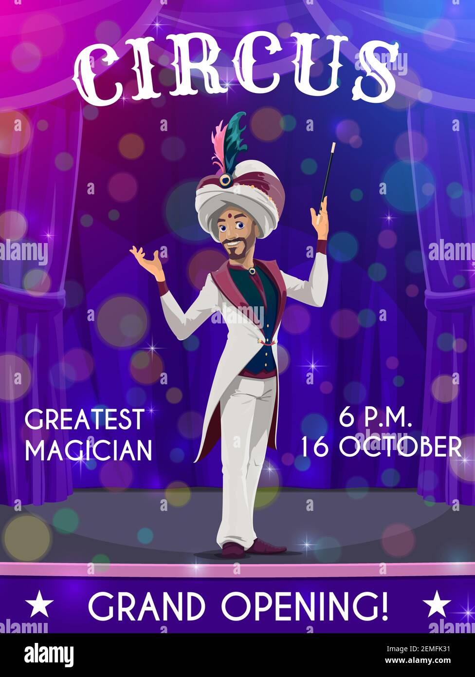 Circus flyer with performer vector magician with wand performing ...