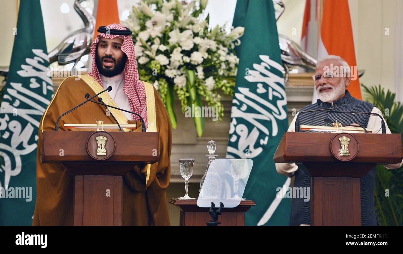 NEW DELHI, INDIA - FEBRUARY 20: Prime Minister Narender Modi and Mohammed Bin Salman Bin ...