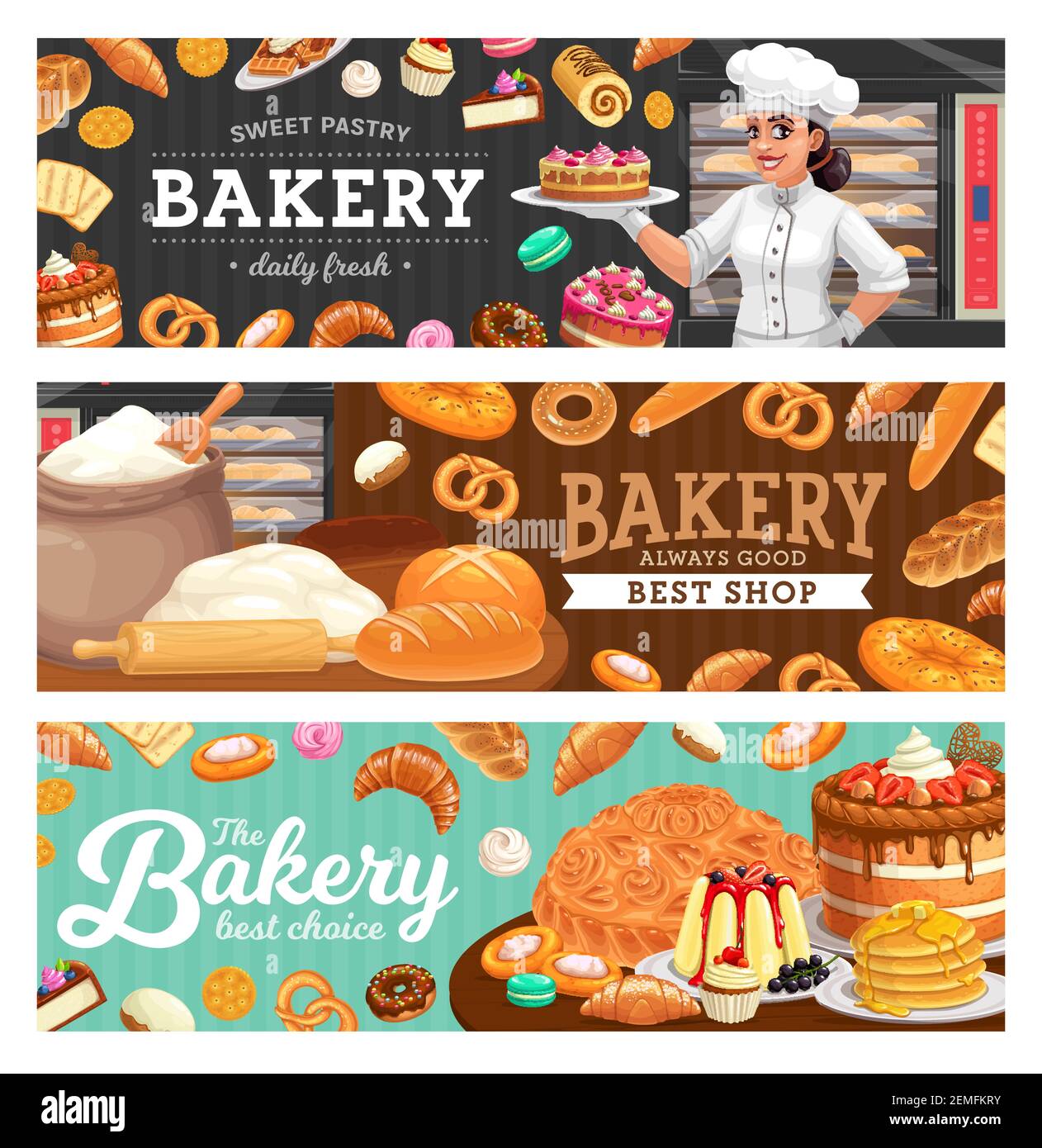 Bakery shop food and baker in toque carton vector. Woman in chef toque ...