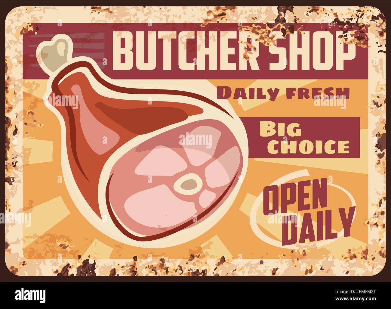 Butcher shop production rusty metal plate with jamon, vector vintage ...