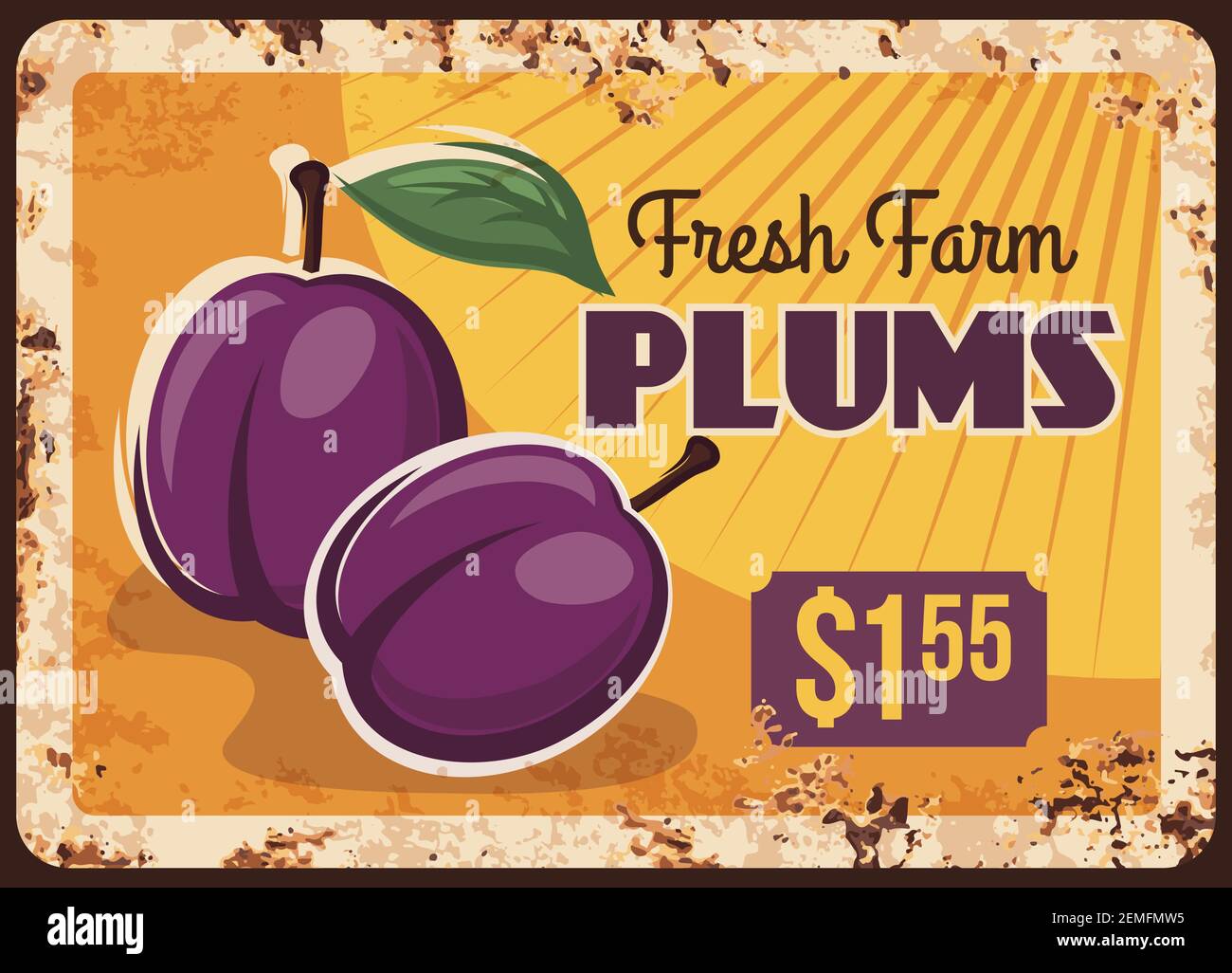 Plums rusty metal plate, fruits food farm market price menu, vector ...