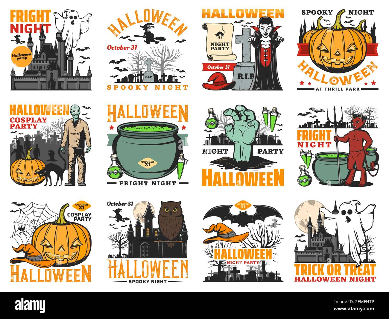 Halloween horror night pumpkin, ghost and zombie vector icons. Spooky ...