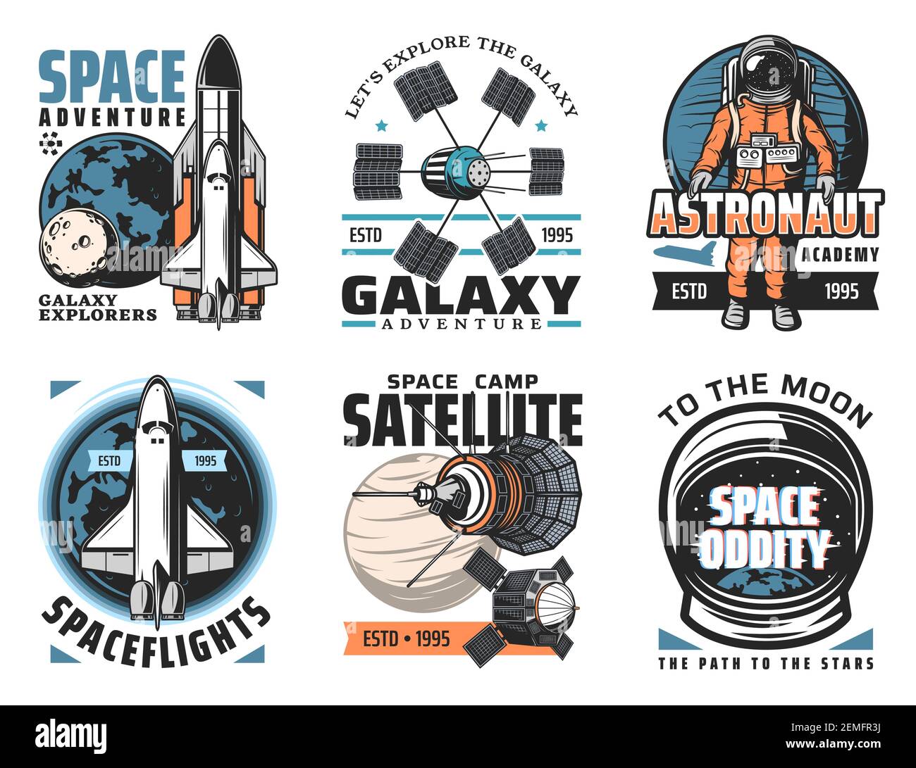Space and planets exploration vector icons. Shuttle launch vehicle and ...