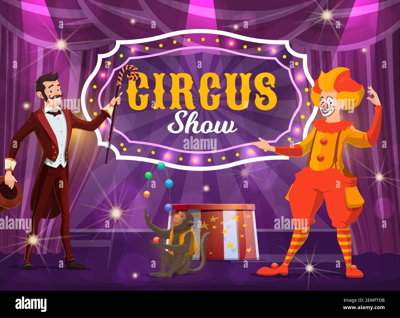 Circus performers on big top tent arena vector poster. Cartoon clown ...